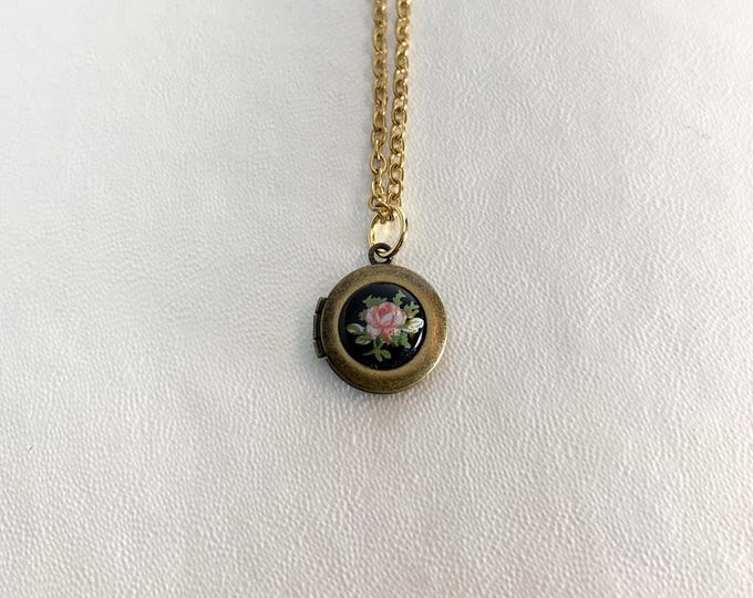 SMALL Antique Brass LOCKET With Vintage Black Glass Limoge Pink Rose ...
