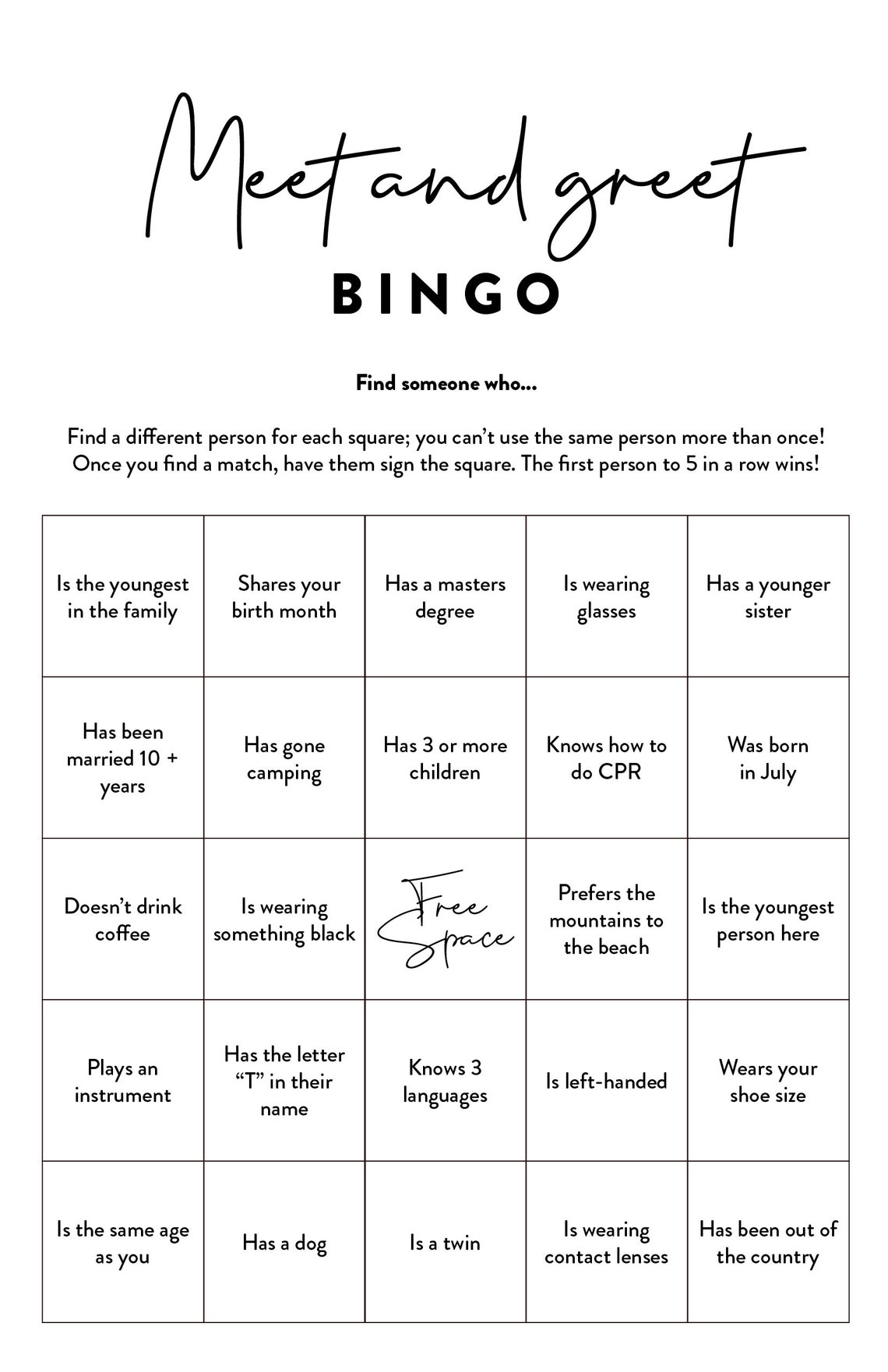 Meet and Greet Bingo - Party Icebreaker Game | Digital Download - Etsy