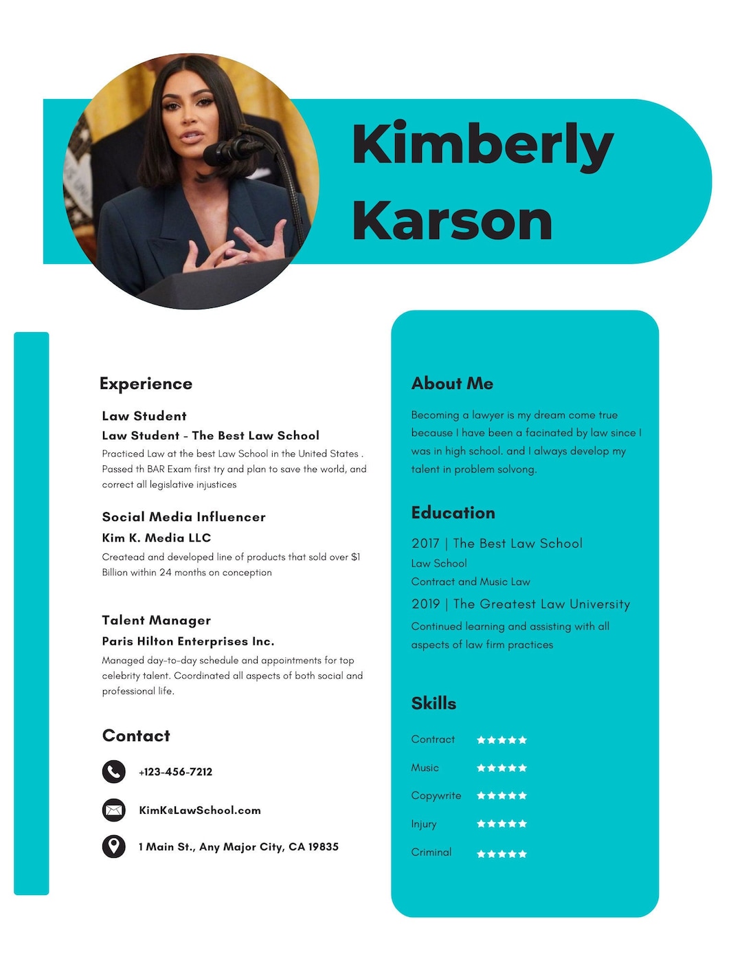 Minimalist CV Resume Template White Teal - Etsy
