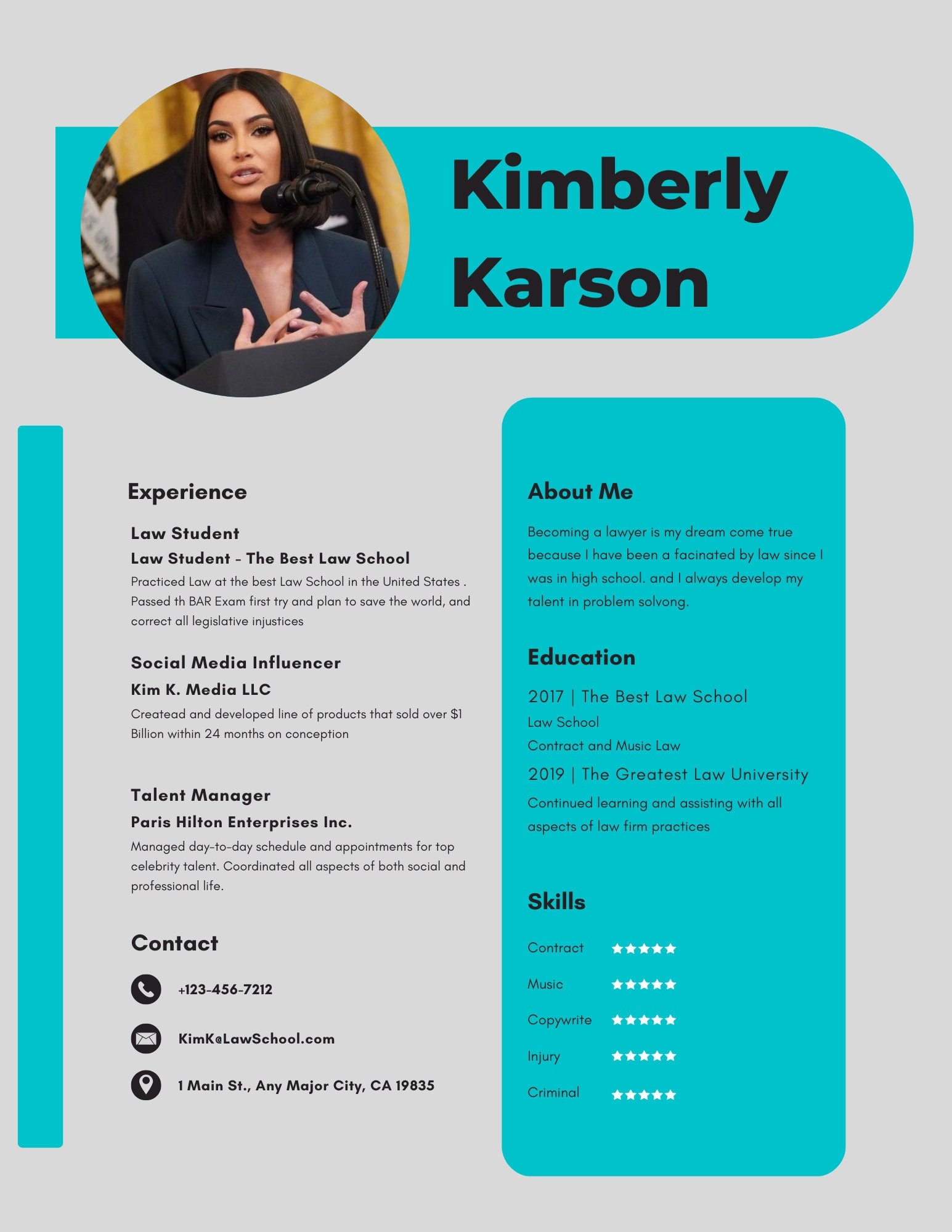 Minimalist CV Resume With Photo Template Gray Teal - Etsy