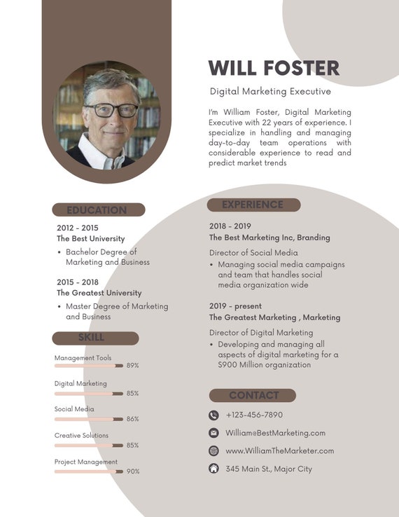 Modern Resume CV Template With Photo White Light Brown - Etsy