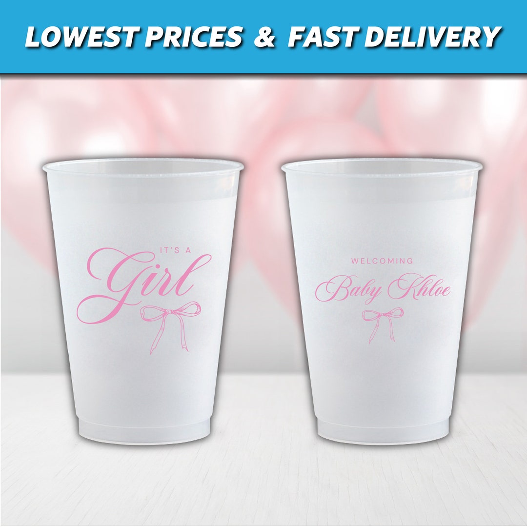 Bow Party Cups for Baby Girl Shower, Custom Baby Shower Frosted Cups ...