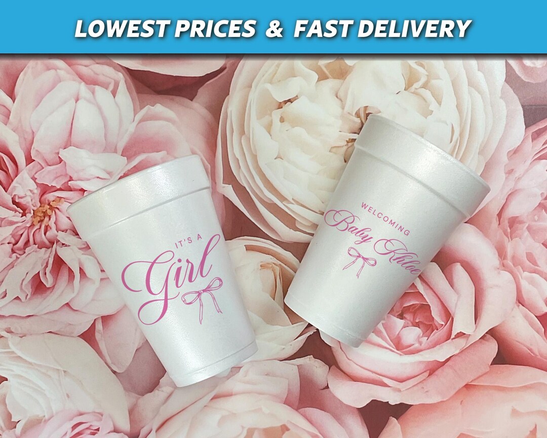 Bow Party Cups for Baby Girl Shower, Custom Baby Shower Foam Cups, Bow ...