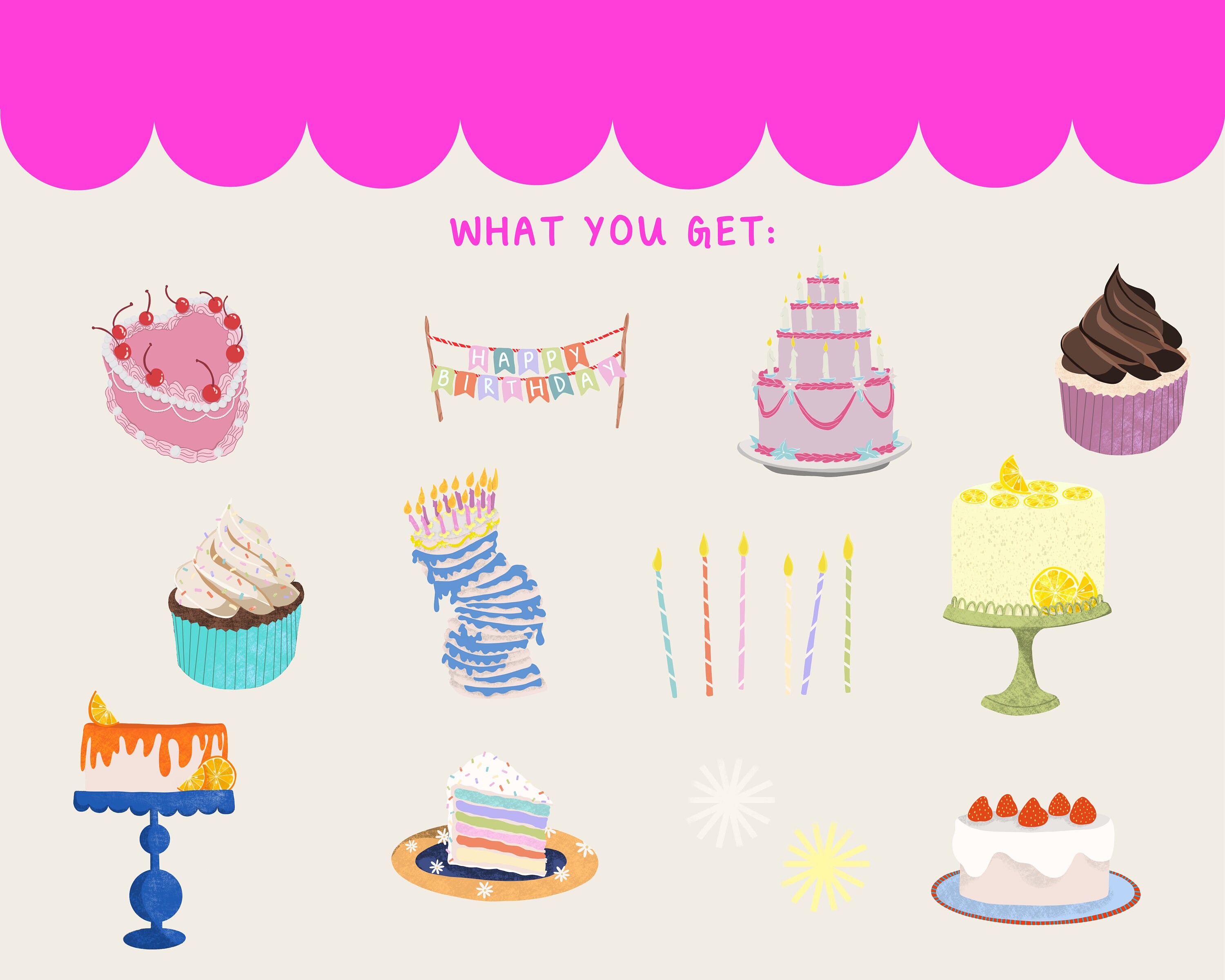 BIRTHDAY CAKES ELEMENTS Clipart, Png, Illustration, Handmade, Cute ...