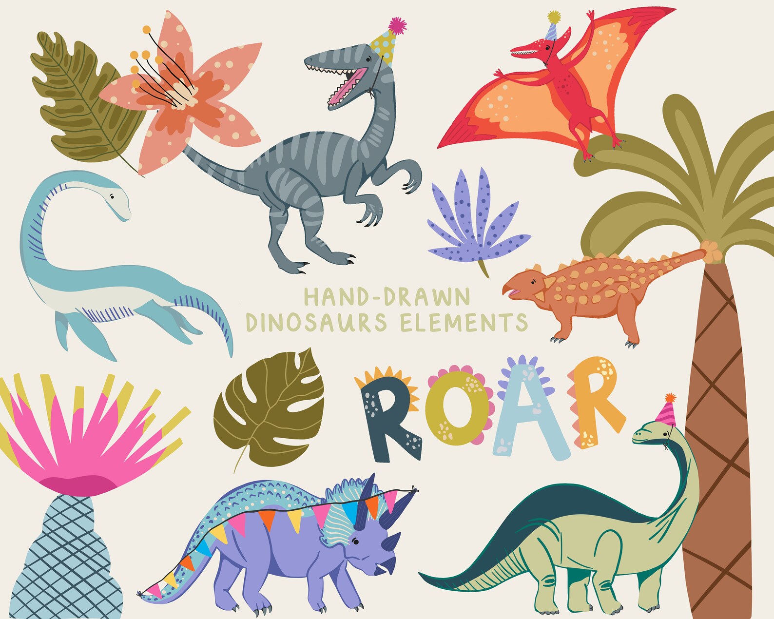 DINOSAURS Elements, DINOSAURS Clipart, Digital, Colorful, CLIPART, Png ...