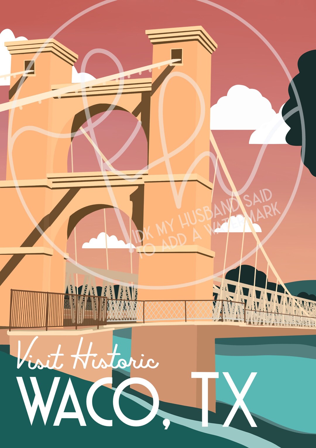 Waco, Texas Suspension Bridge Vintage Style Travel Poster - DIGITAL ...