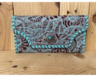 Tooled Turquoise Floral Wallet - Etsy
