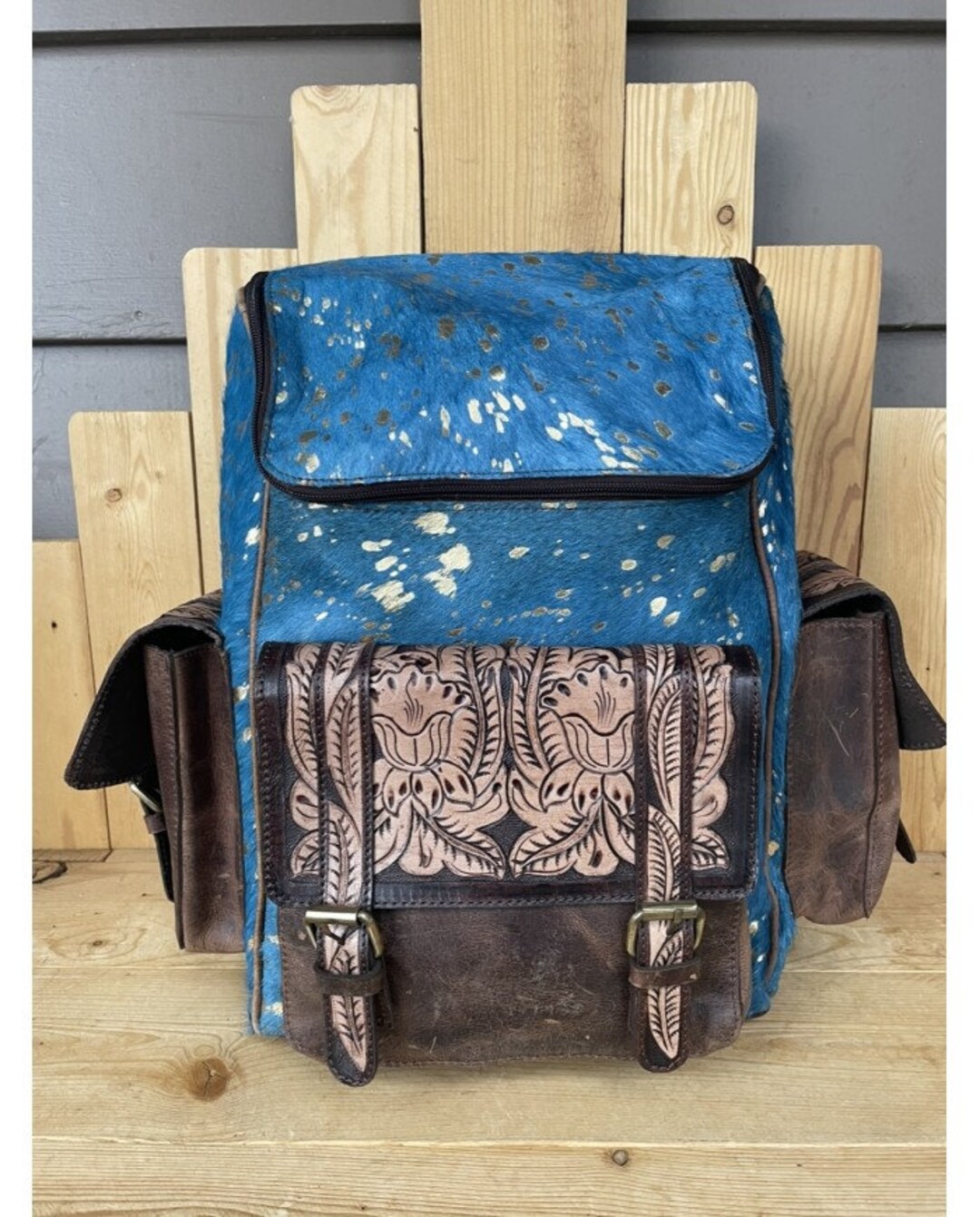 Blue Acid Washed Cowhide & Tooled Leather Backpack - Etsy