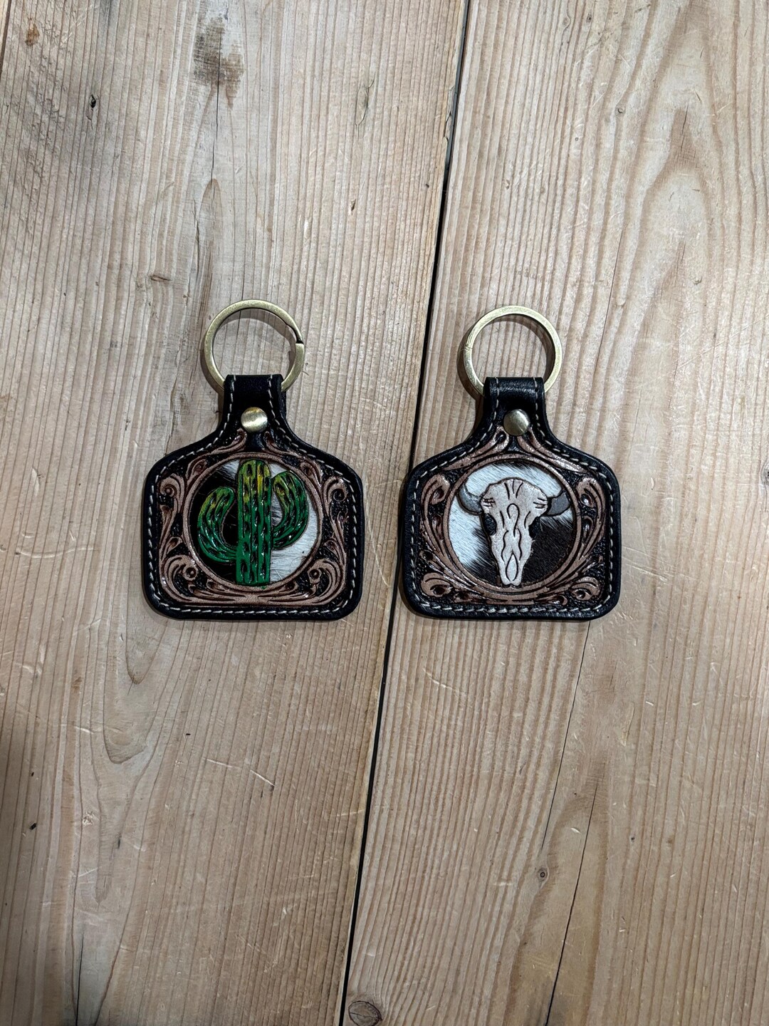 Tooled Leather Western Keychain, Cowhide Cactus or Skull Accent - Etsy
