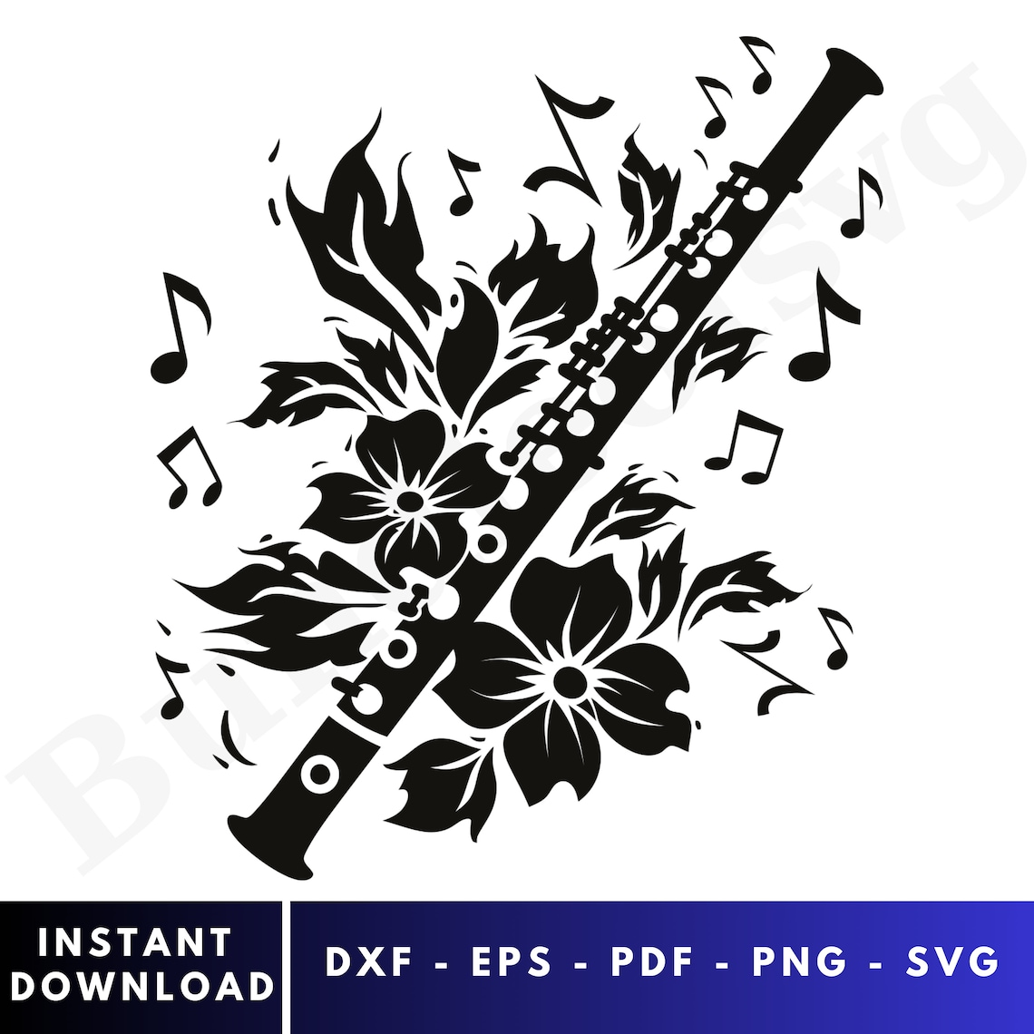 Floral Flute SVG, Flute SVG, Flute Clipart, Flower Flute Svg, Flute ...