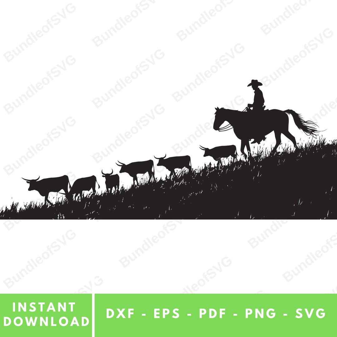 Cowboy Herding Cattle SVG - Western Ranch Clipart - Cowboy Svg - Cowboy Clipart - Cut Files for ...