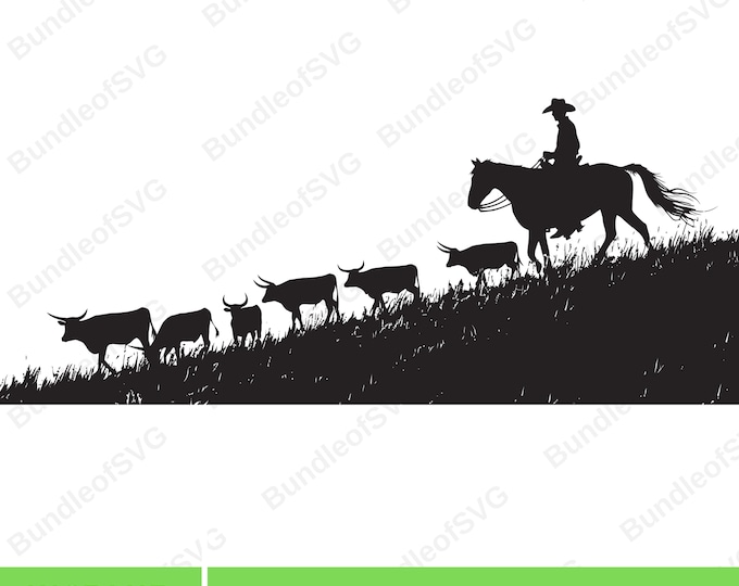 Cowboy Herding Cows Svg, Cattle Svg, Cowboy Life Scene Svg, Farm Life ...