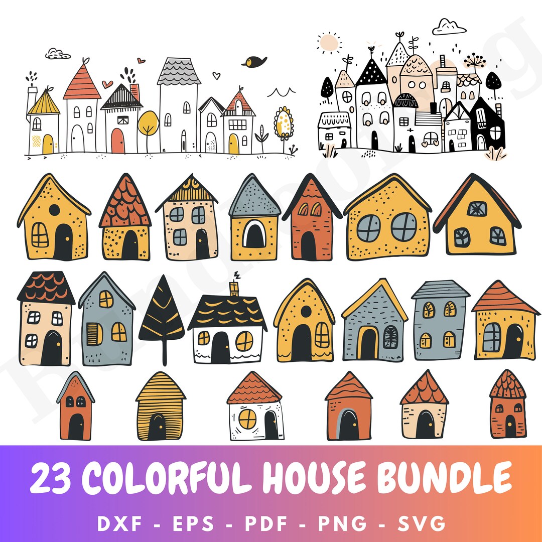 Colorful House Svg Bundle, Colorful House Clipart, Handdrawn House ...