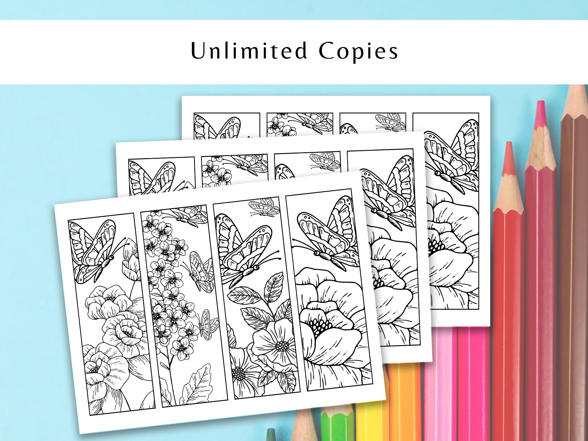 Printable Butterflies & Flowers Adult Coloring Bookmarks, Set of 4 Book ...