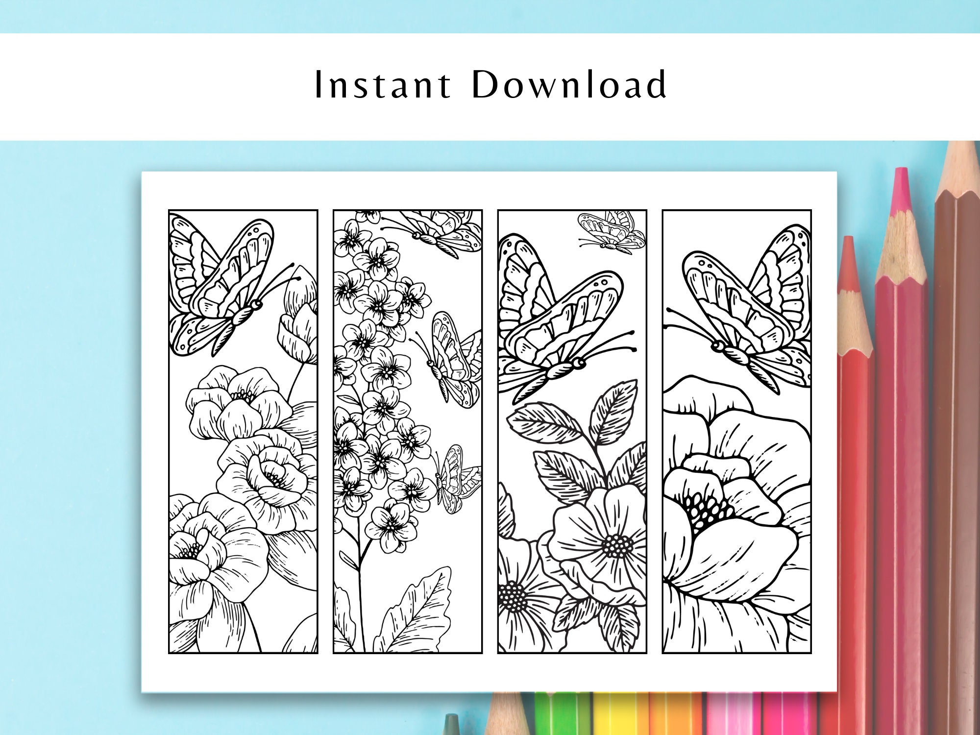 Printable Butterflies & Flowers Adult Coloring Bookmarks, Set of 4 Book ...