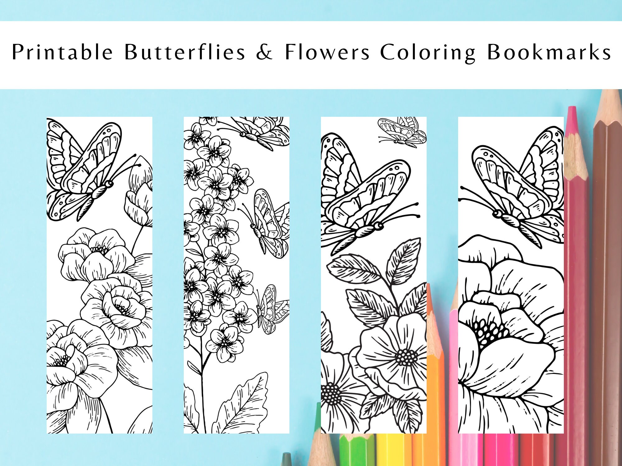 Printable Butterflies & Flowers Adult Coloring Bookmarks, Set of 4 Book ...