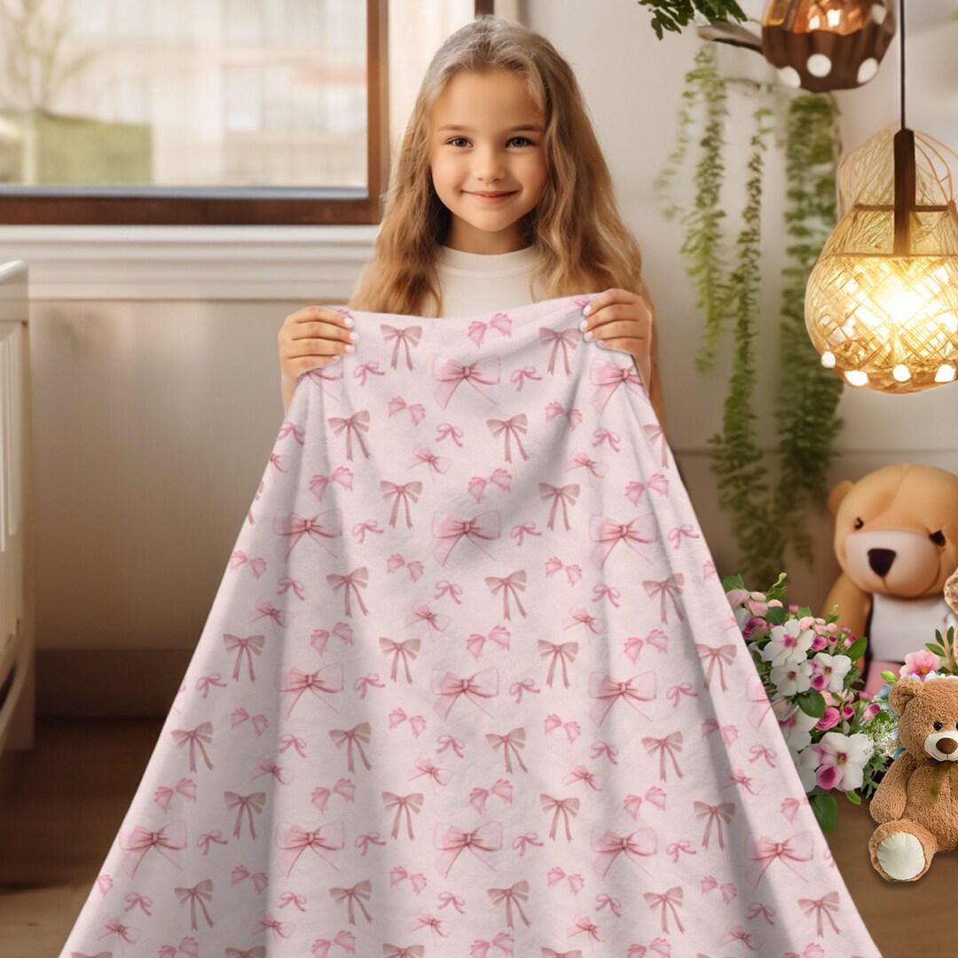 Pink Bow Coquette Velveteen Plush Blanket, Cute Dorm Decor, Pale Pink ...
