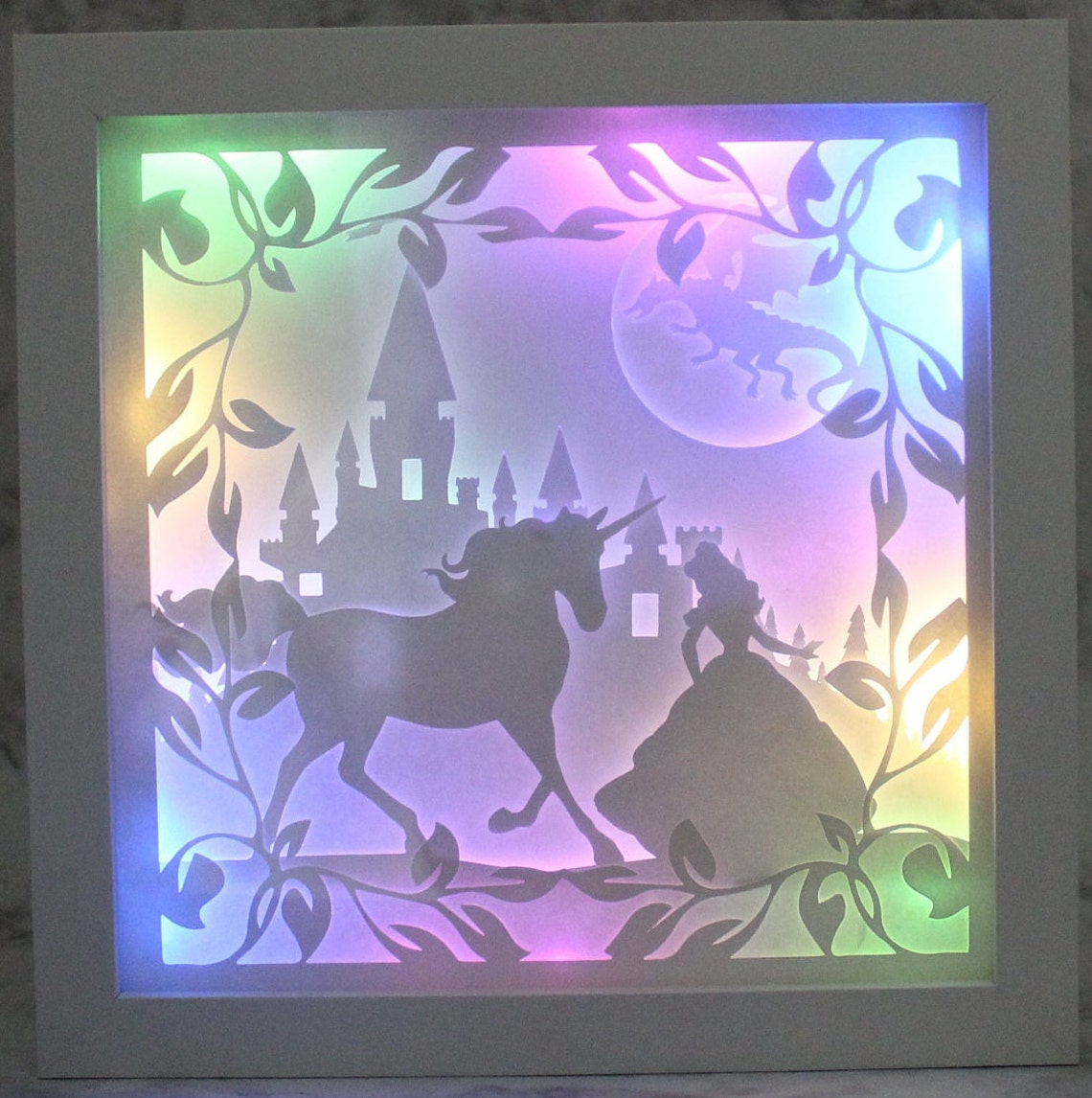 Unicorn, Princess, Dragon, Castle, Shadow Box, 3D Art, Light Box, Paper ...
