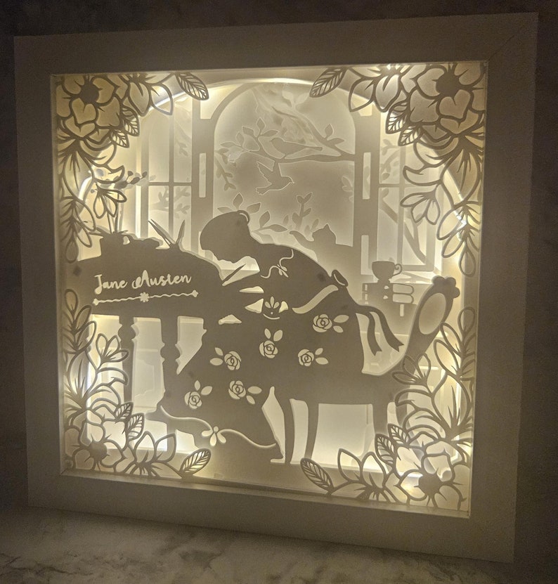 Jane Austen at Her Desk, Author, 3D Shadow Box, Light Box, 3D Paper Cut ...