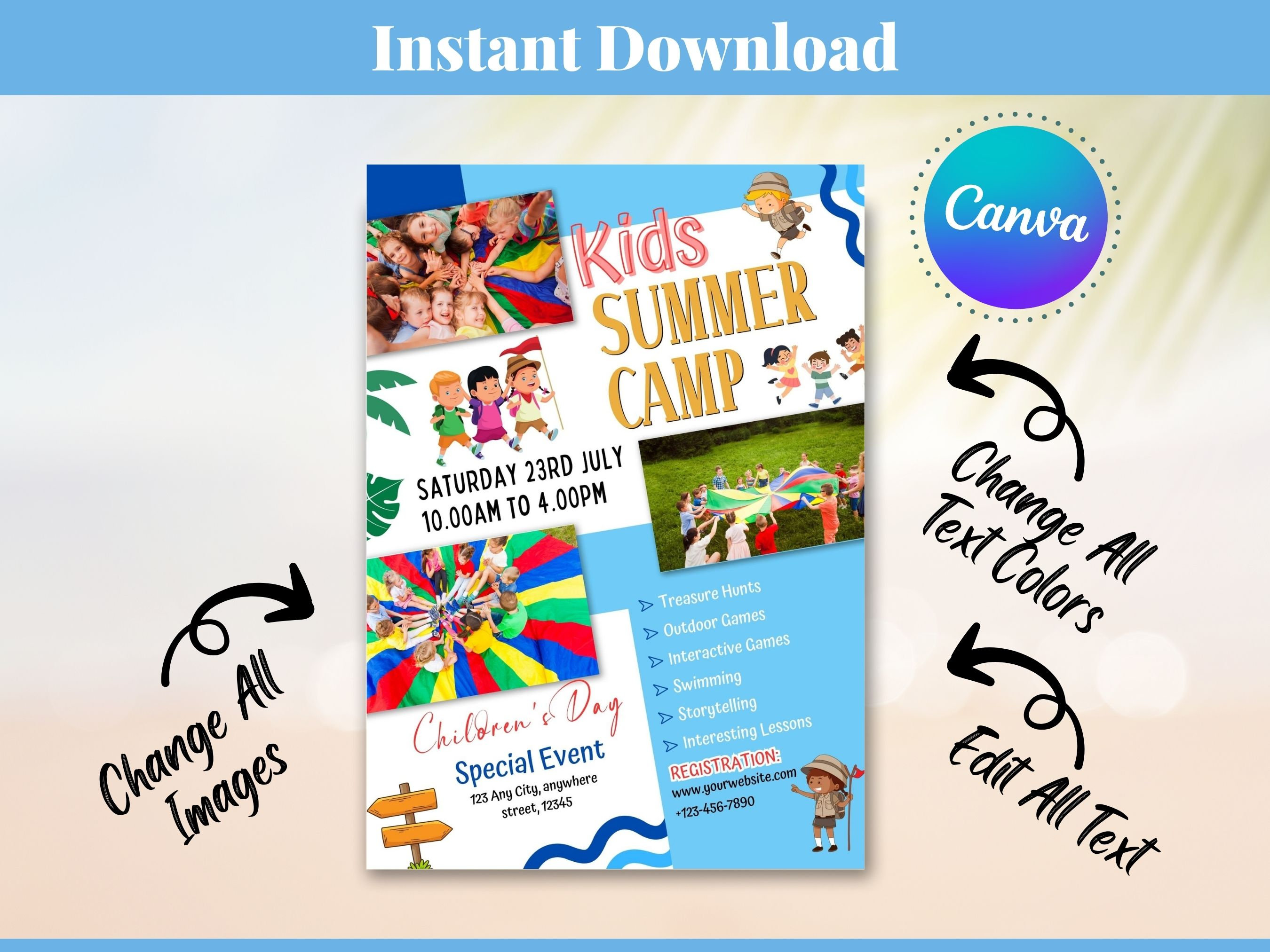 Kids Summer Camp Flyer, Summer Camp Festival Flyer for Kids, Editable ...
