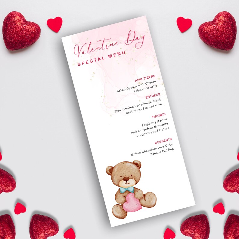 Valentines Day Menu, Printable Sweet Hearts Birthday Baby Shower Teens ...