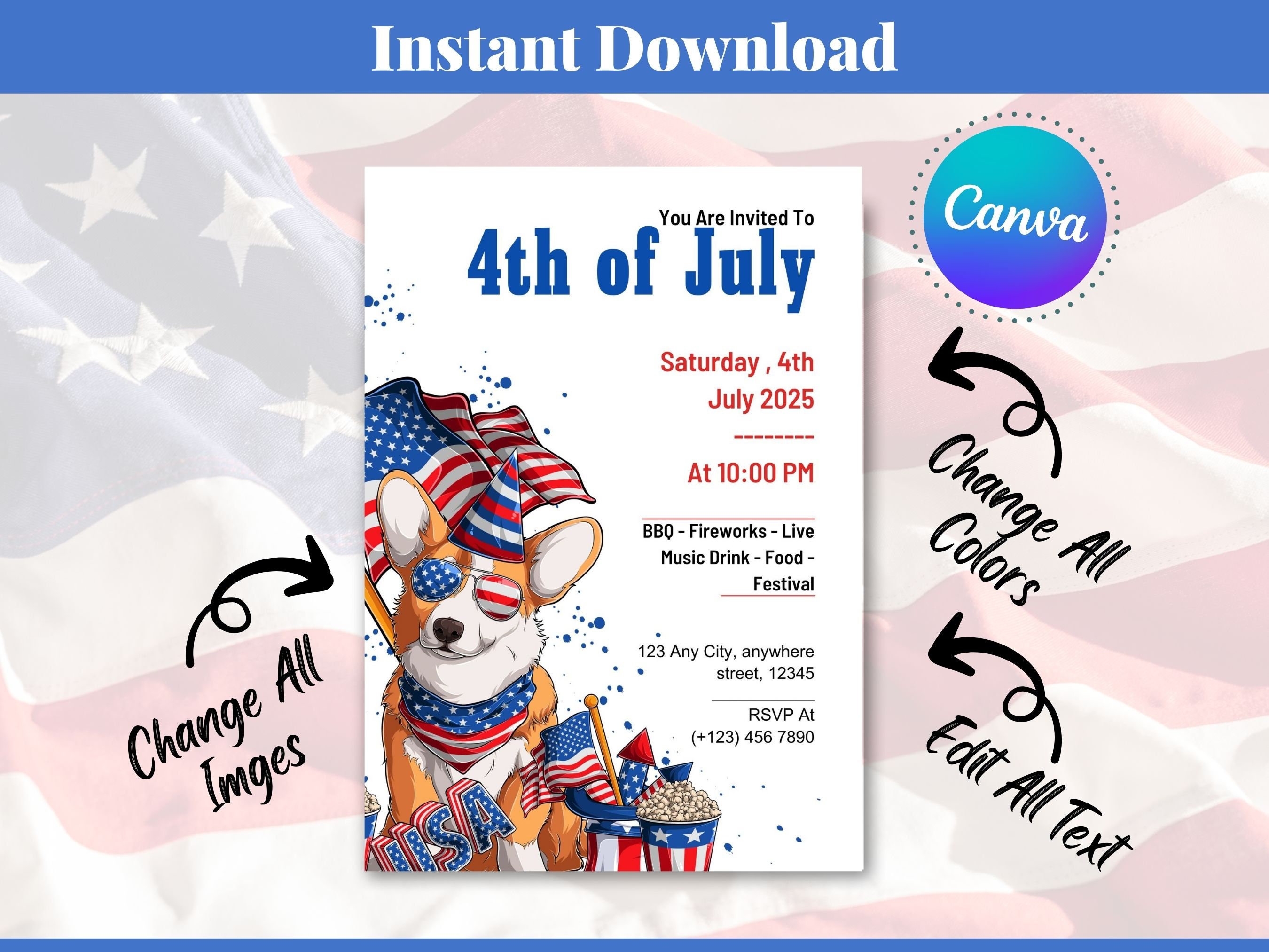 Editable 4th of July Party Invitation Template, Independence Day Invite ...