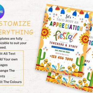 Editable Fiesta Teacher Appreciation Staff Invitation Flyer, Let's Taco ...