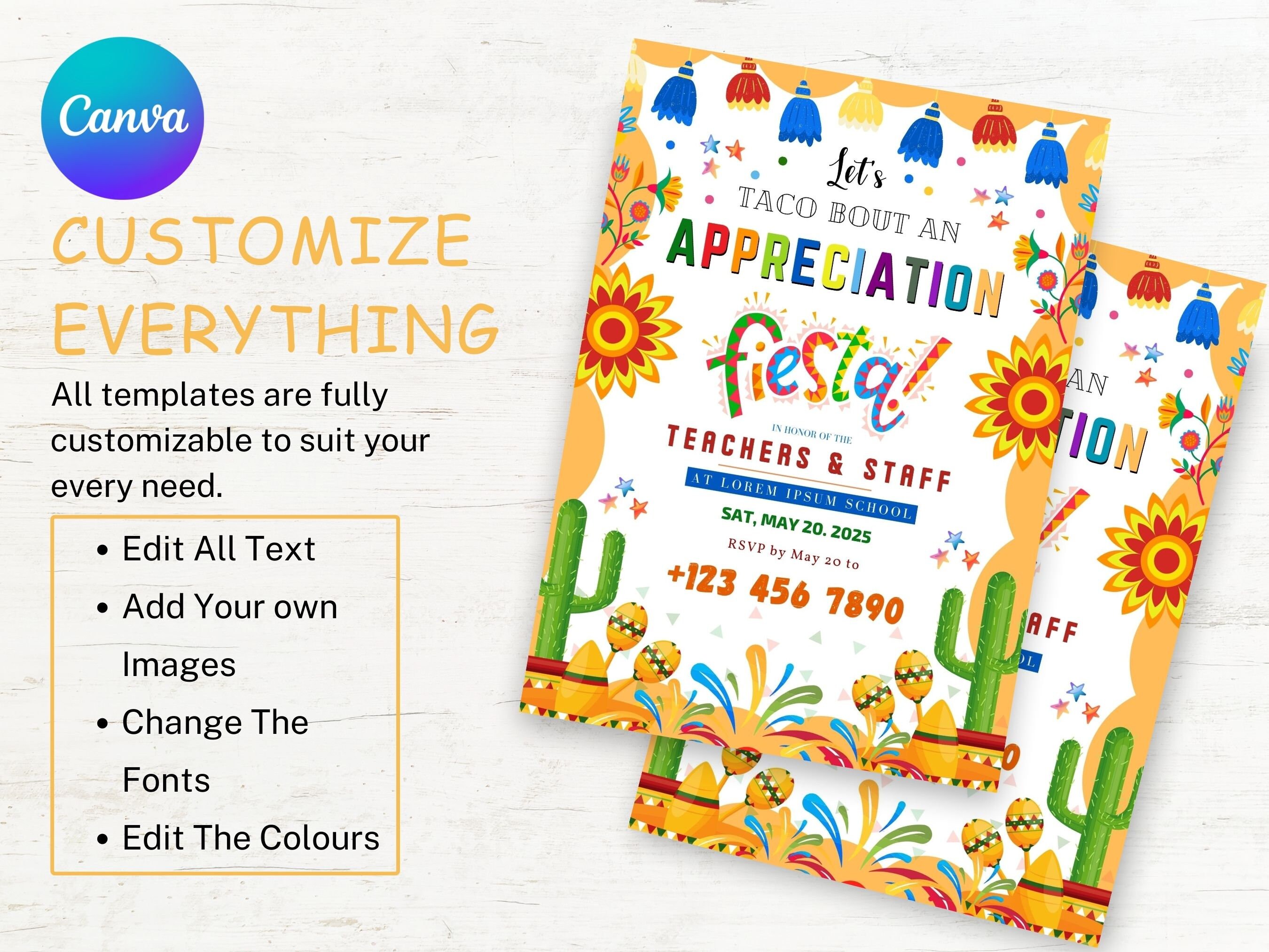 Editable Fiesta Teacher Appreciation Staff Invitation Flyer, Let's Taco ...
