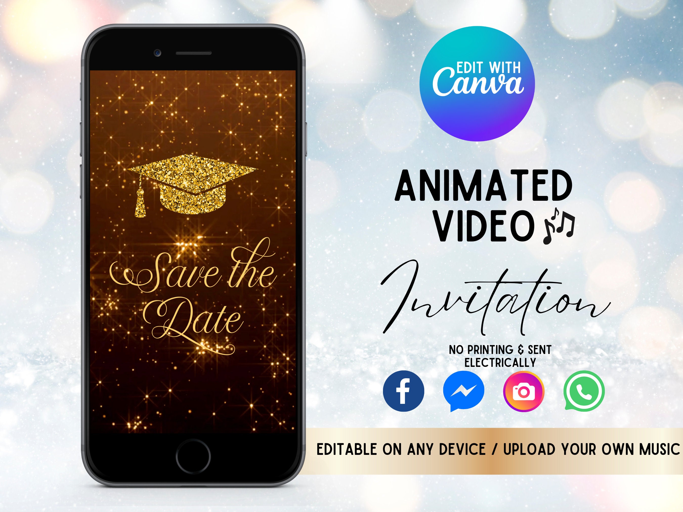 Digital Graduation Party Invitation, Animated Golden Glitter College ...