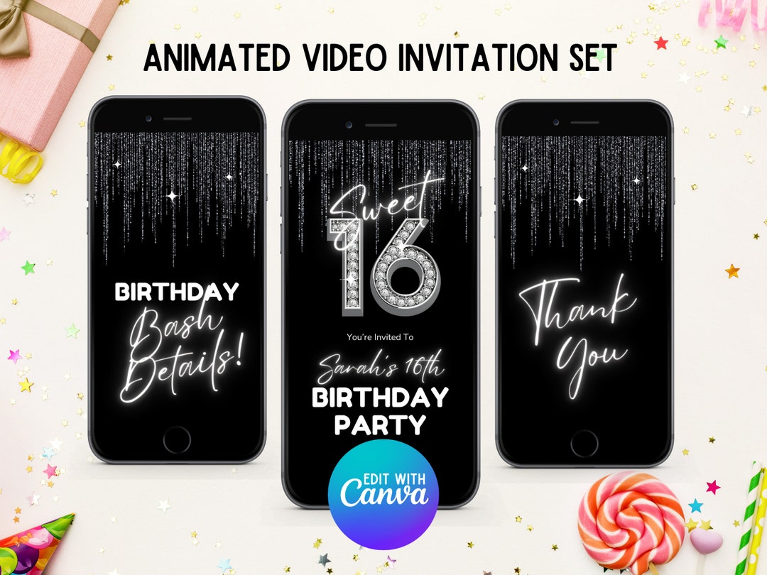 Animated Sweet Sixteen Birthday Invitation, 16th Birthday Party Invite ...