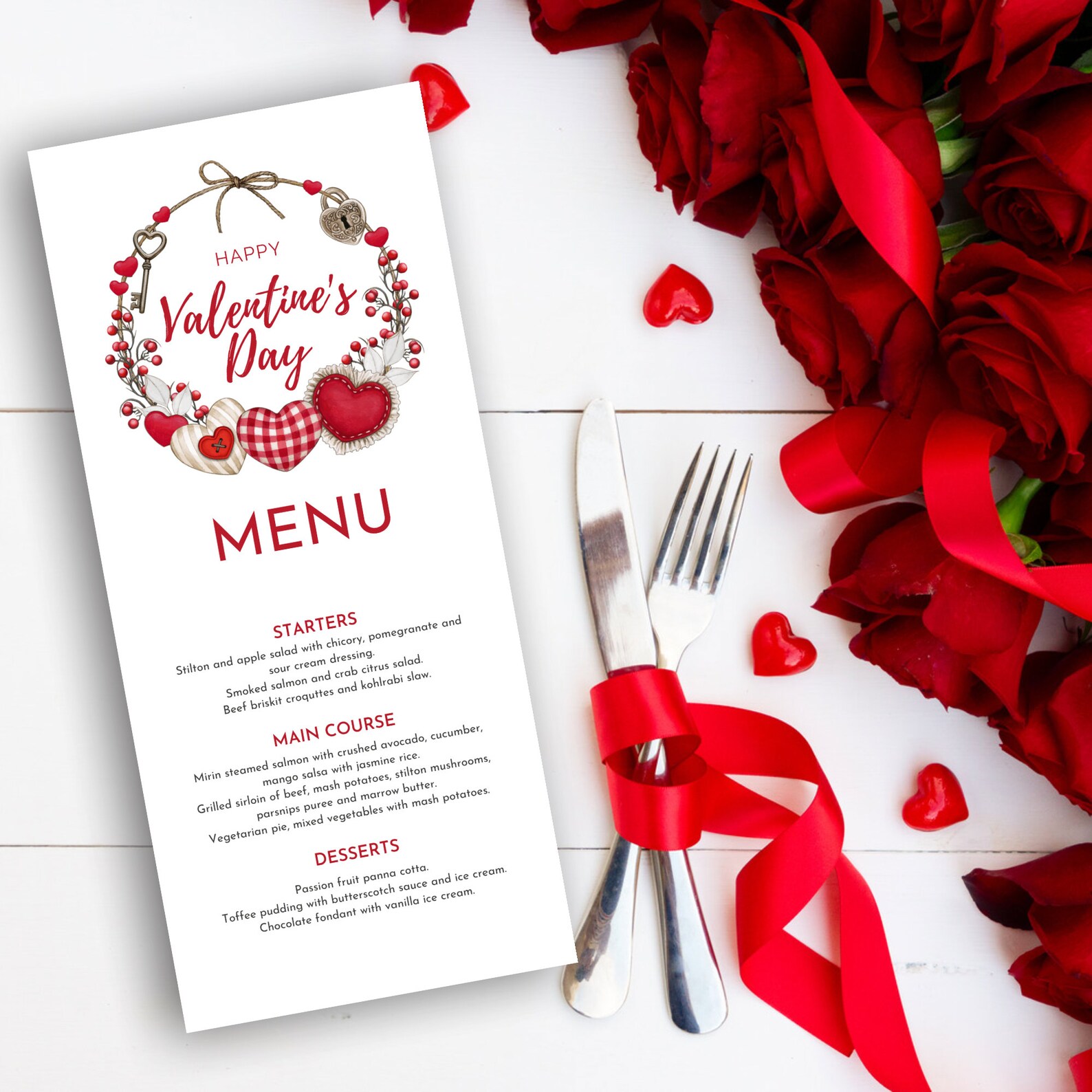 Valentine's Day Menu Template, Modern Valentine Menu Card, Printable ...