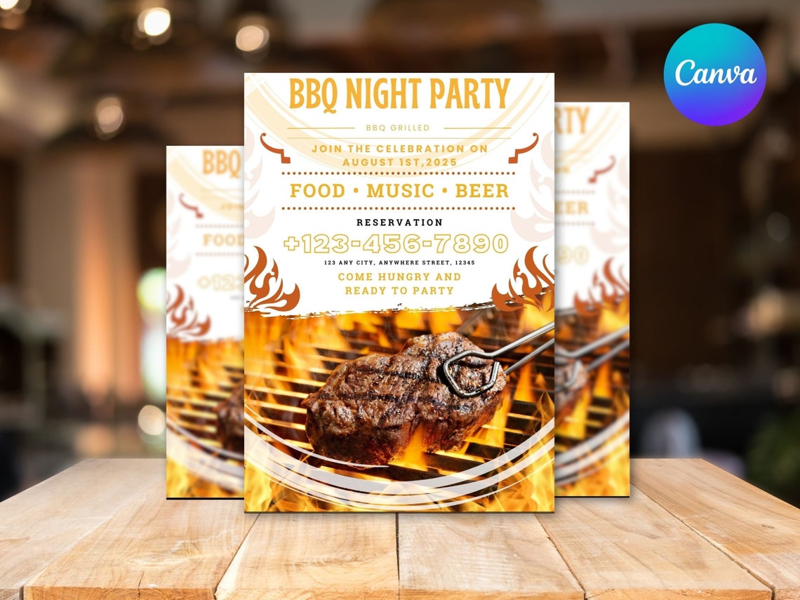Bbq Night Party Flyer, Diy Canva Bbq Night Flyer Template, Editable ...