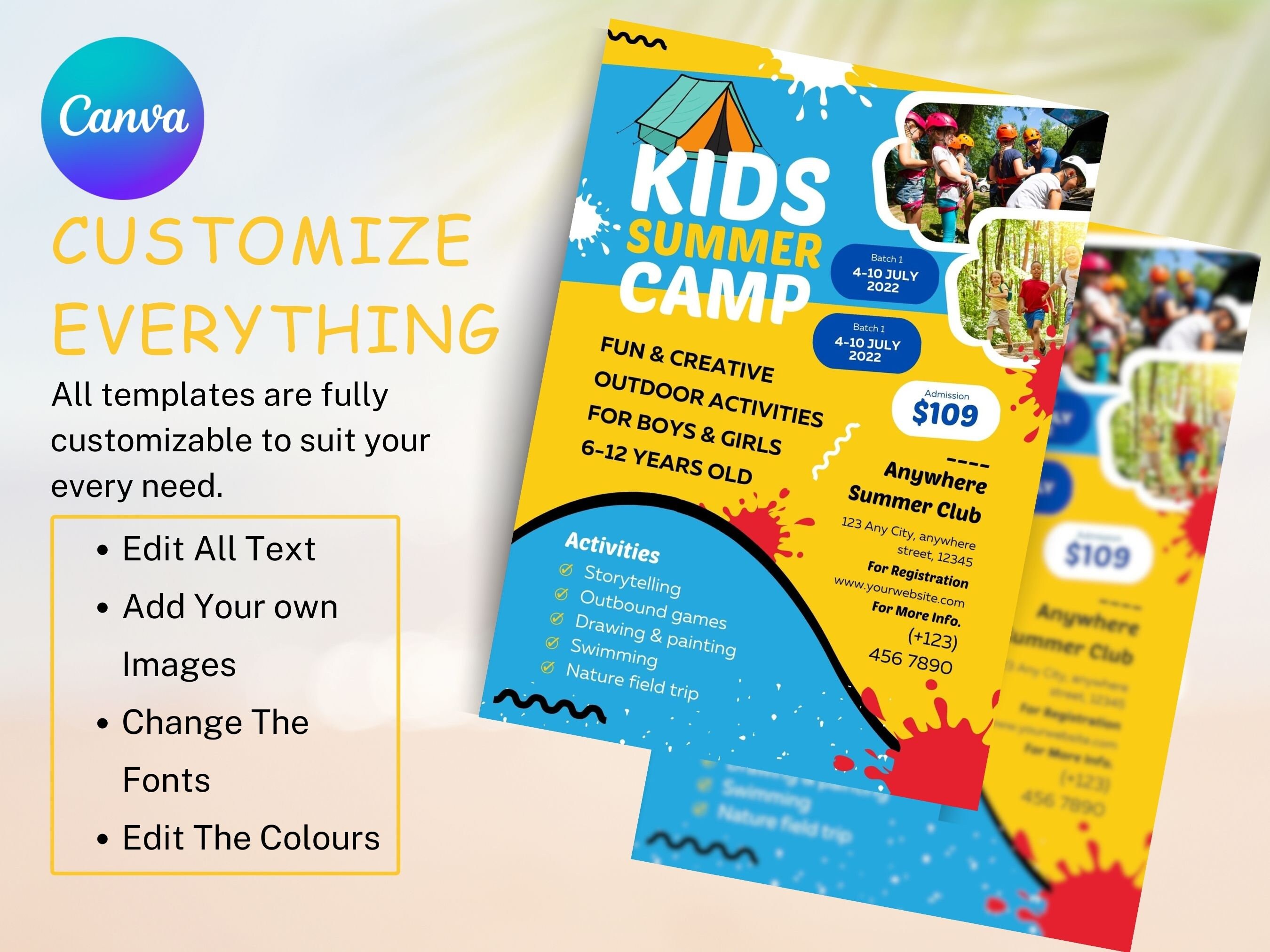Kids Summer Camp Flyer, Summer Camp Festival Flyer for Kids, Editable ...