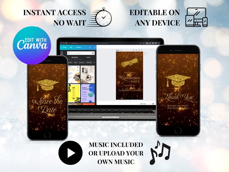 Digital Graduation Party Invitation, Animated Golden Glitter College ...