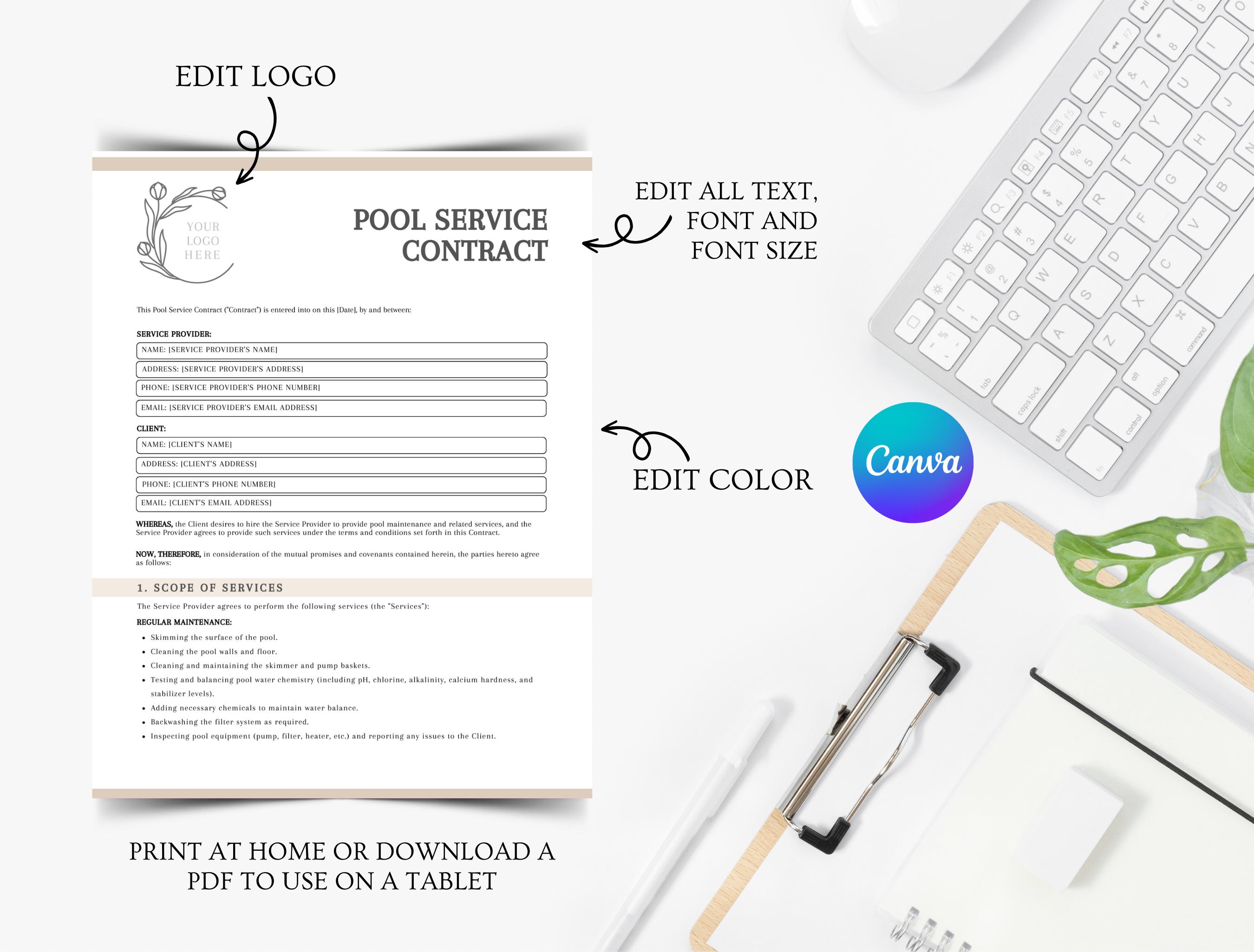 Pool Service Contract Template, Residential Pool Maintenance Service ...