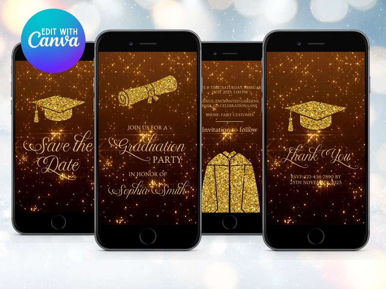 Digital Graduation Party Invitation, Animated Golden Glitter College ...