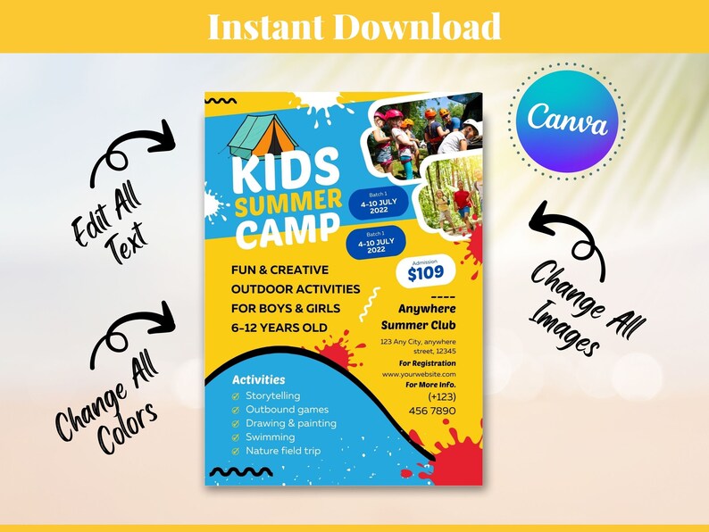Kids Summer Camp Flyer, Summer Camp Festival Flyer for Kids, Editable ...