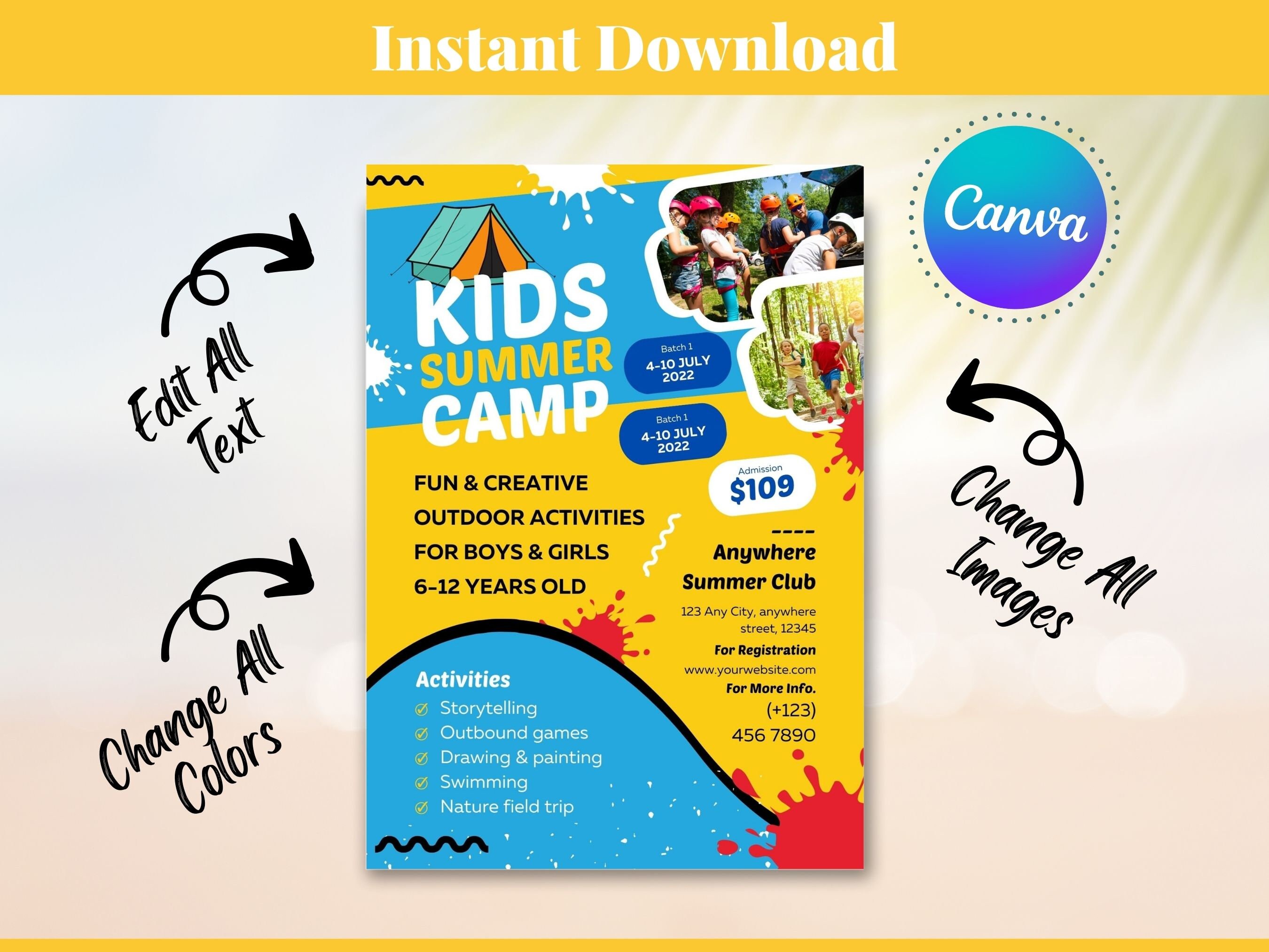 Kids Summer Camp Flyer, Summer Camp Festival Flyer for Kids, Editable ...