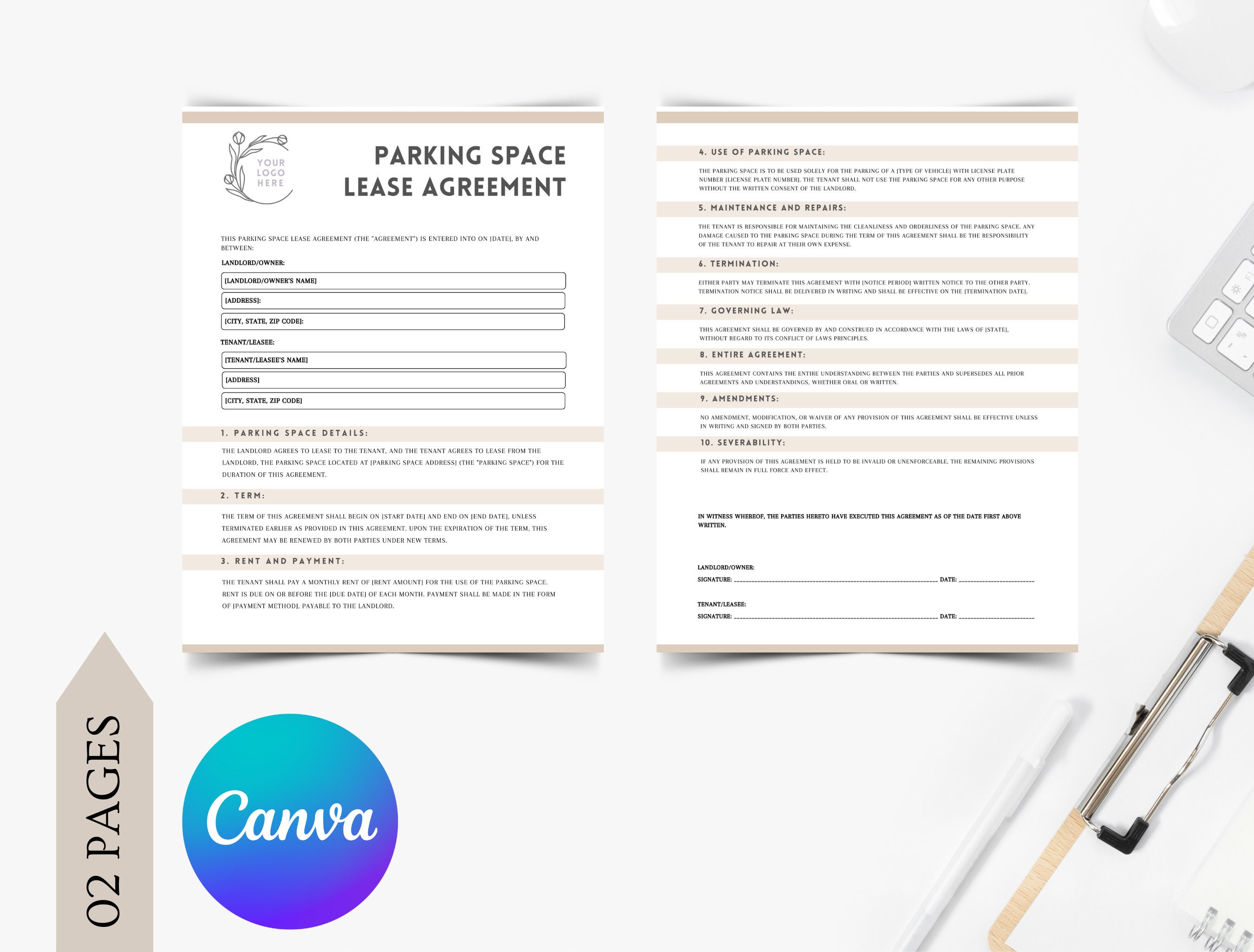 Parking Spot Rental Agreement Contract Editable Template, Parking Space ...