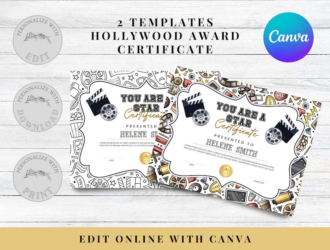 Editable Appreciation Hollywood Award Certificates, Movie Vip ...