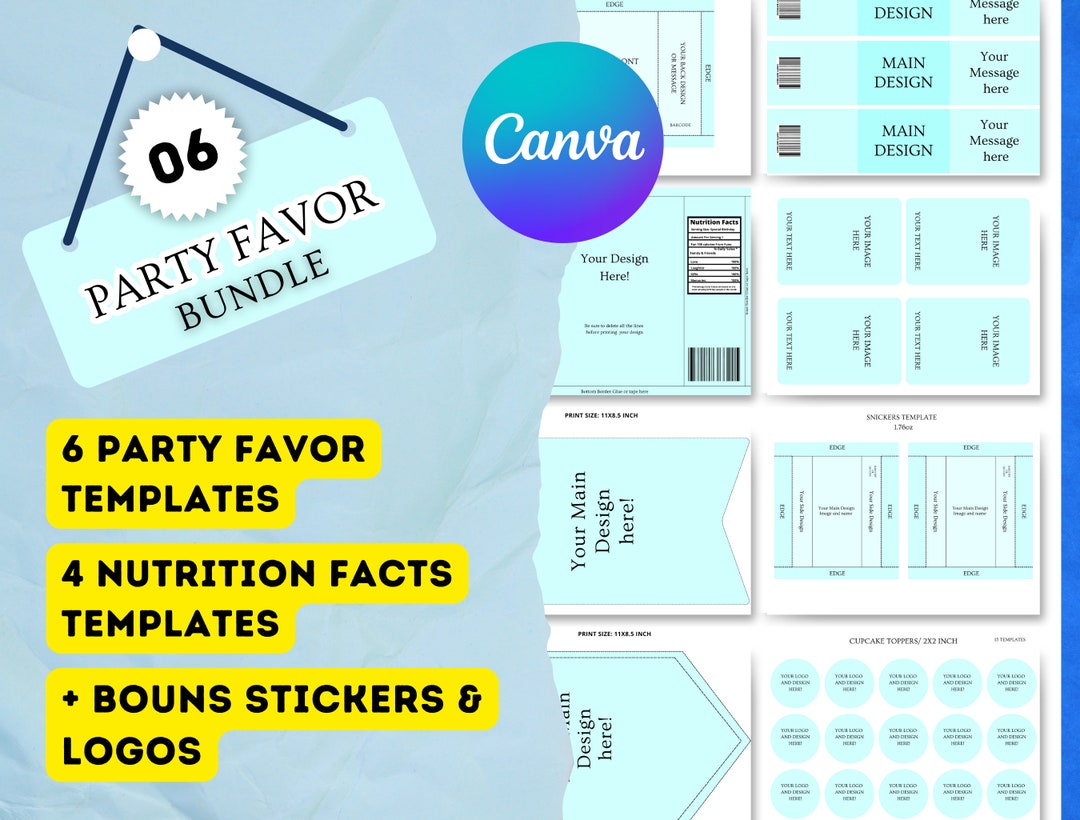 6 Party Favor Template Bundle Chip Bag Template Water Bottle - Etsy