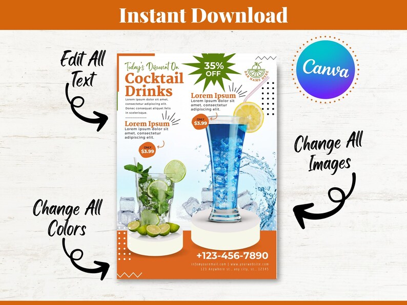 Printable Cocktails Drink Template, Diy Canva Cocktail Flyer Template ...