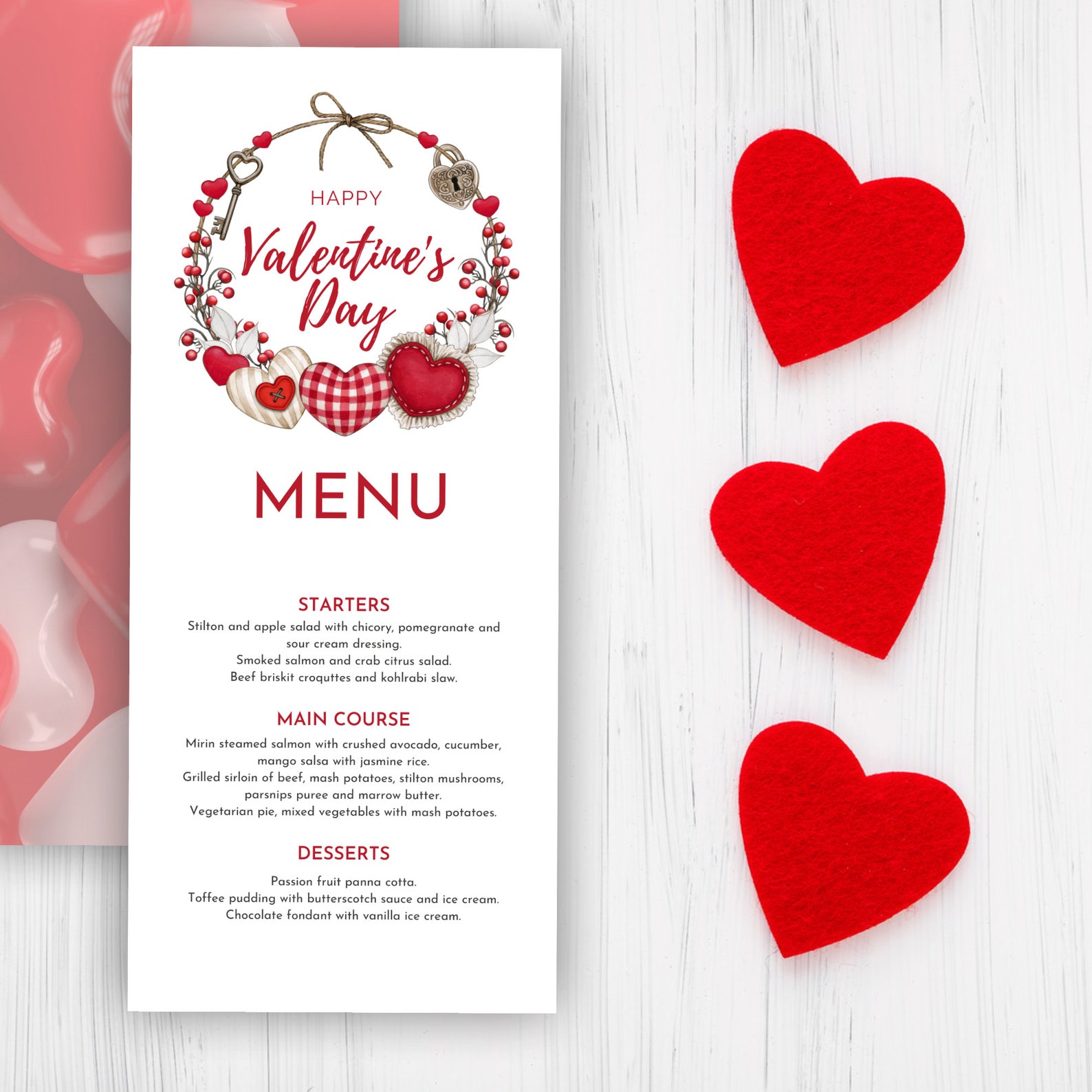 Valentine's Day Menu Template, Modern Valentine Menu Card, Printable ...