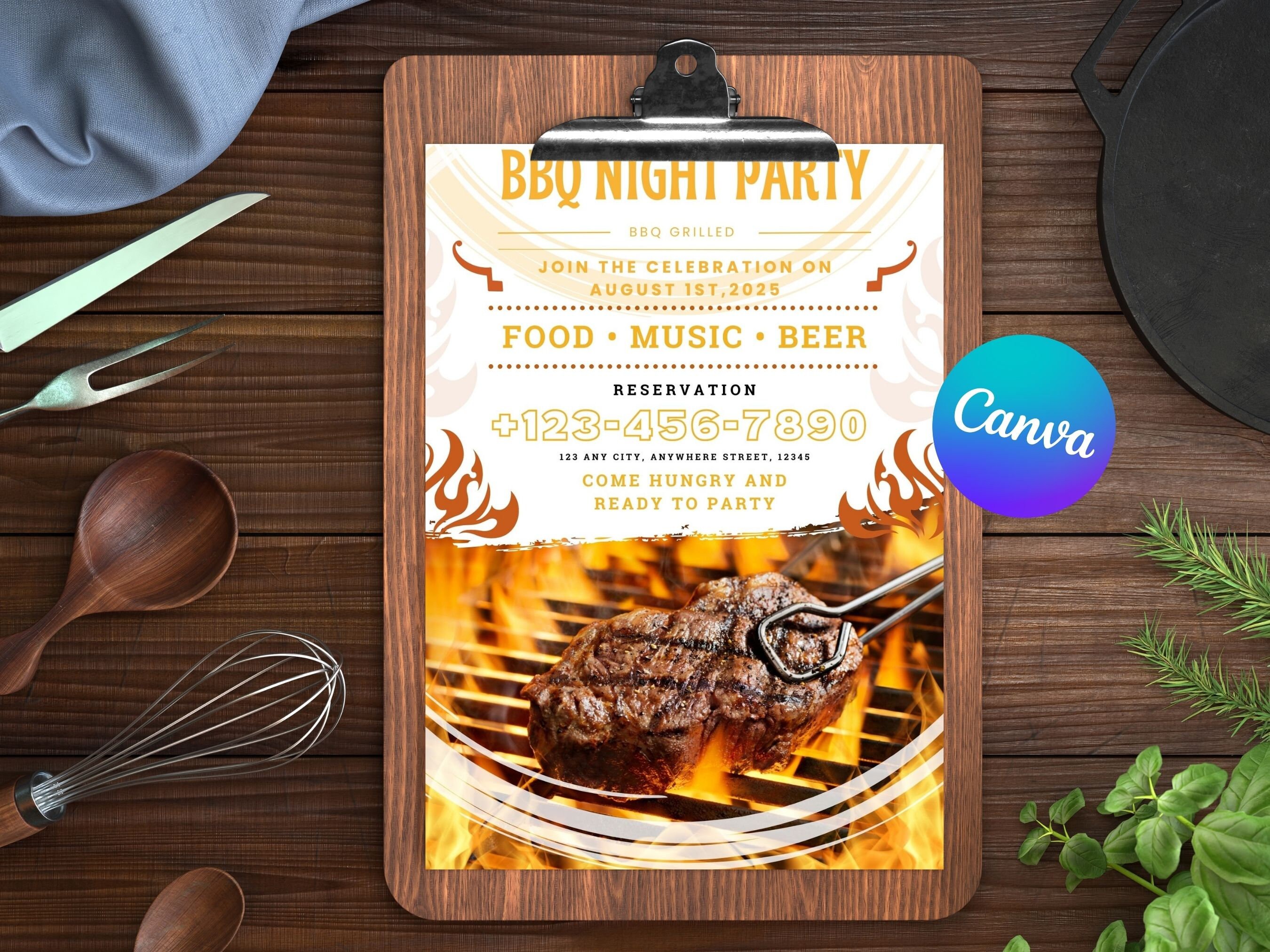 Bbq Night Party Flyer, Diy Canva Bbq Night Flyer Template, Editable ...