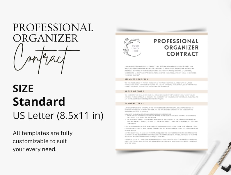 Editable Professional Organizer Contract Template, Client Intake Form ...