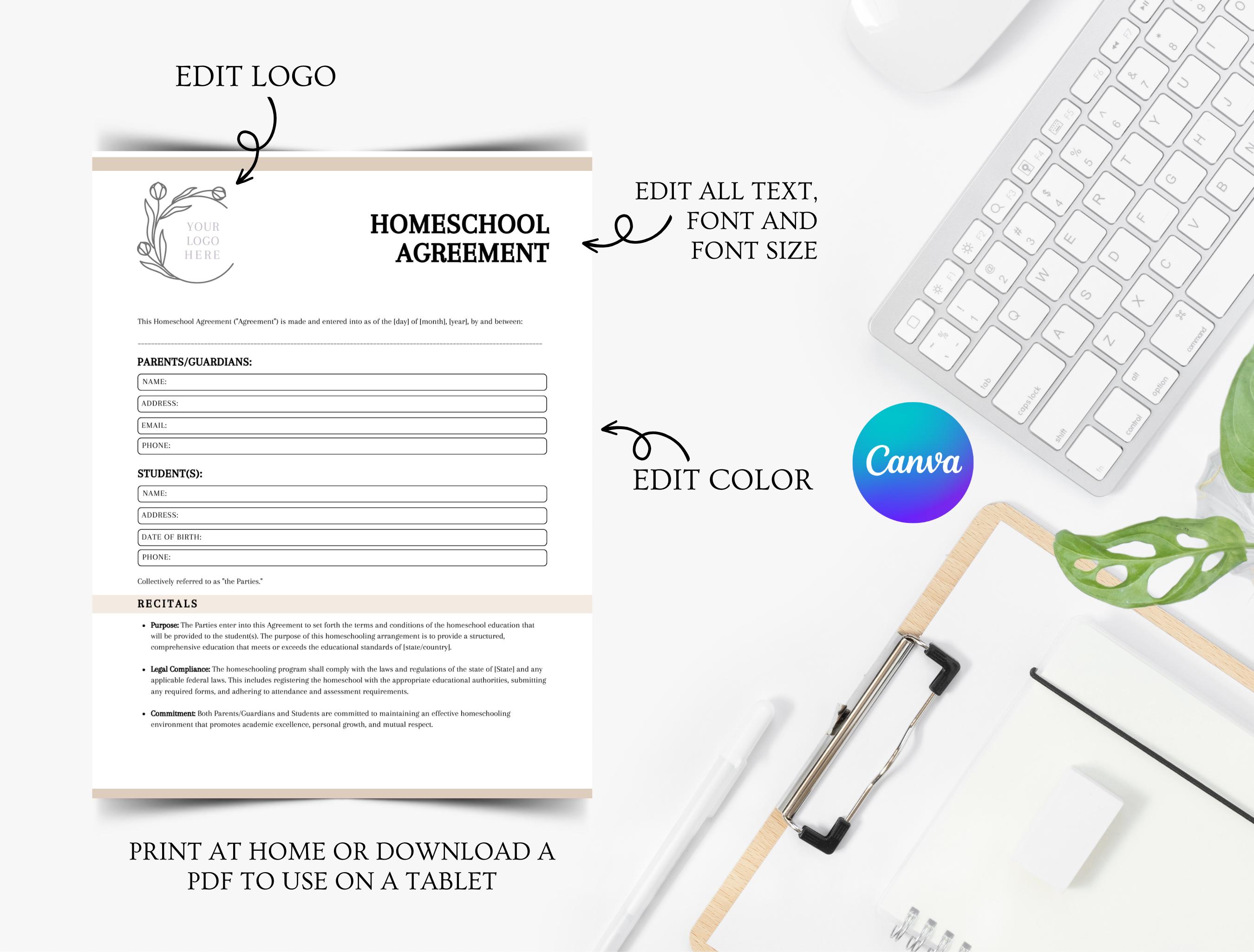 Editable Homeschool Agreement, Home Education Agreement Template ...