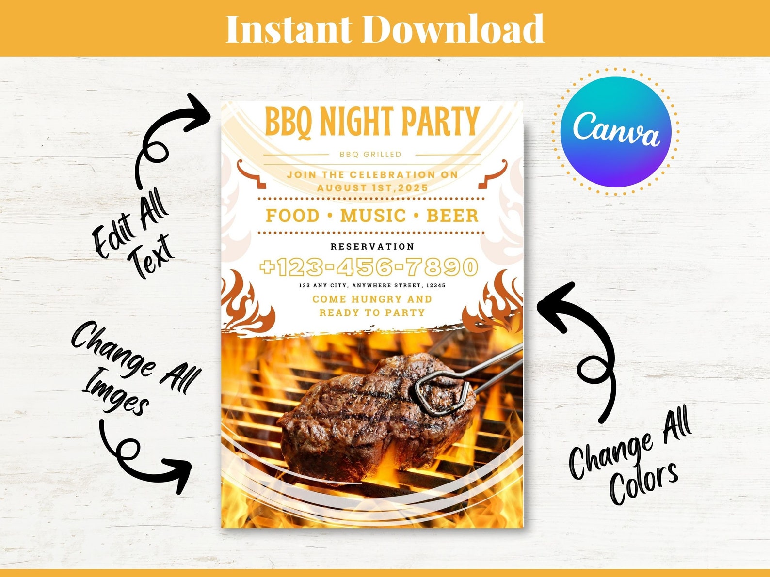 Bbq Night Party Flyer, Diy Canva Bbq Night Flyer Template, Editable ...