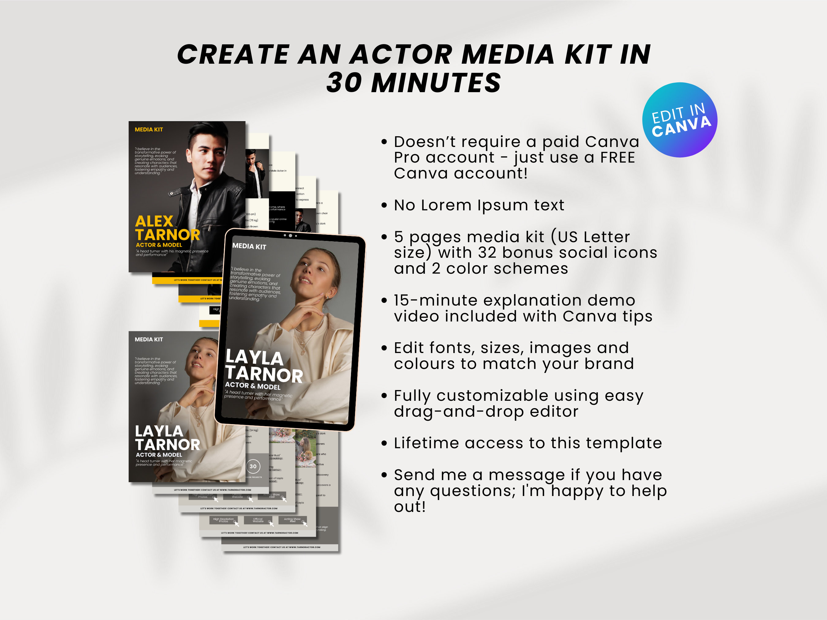5-page Actor Media Kit Canva Template Actor Press Kit EPK for Actors ...