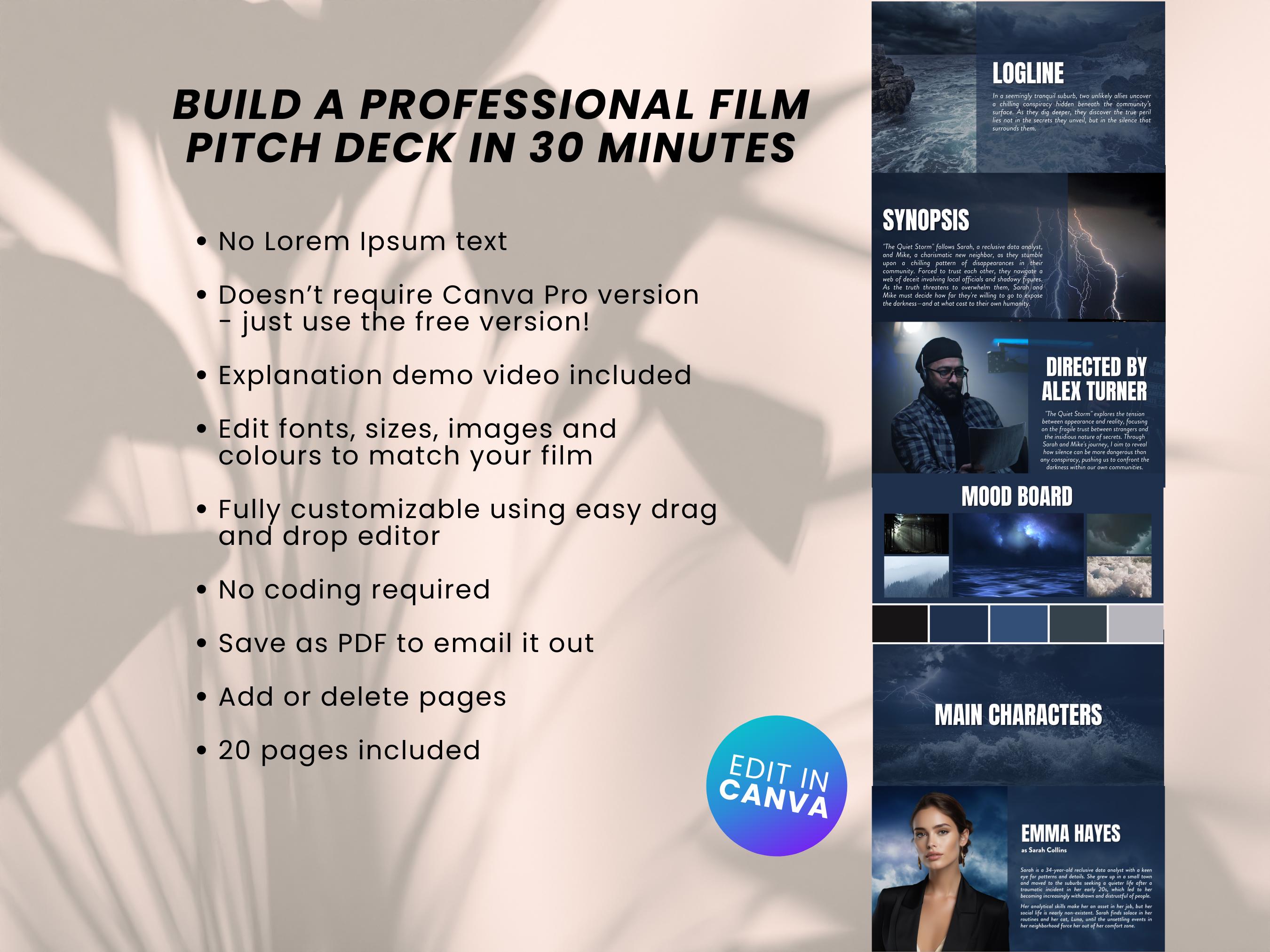 20 Page Film Pitch Deck Canva Template TV Pitch Deck Movie Pitching ...