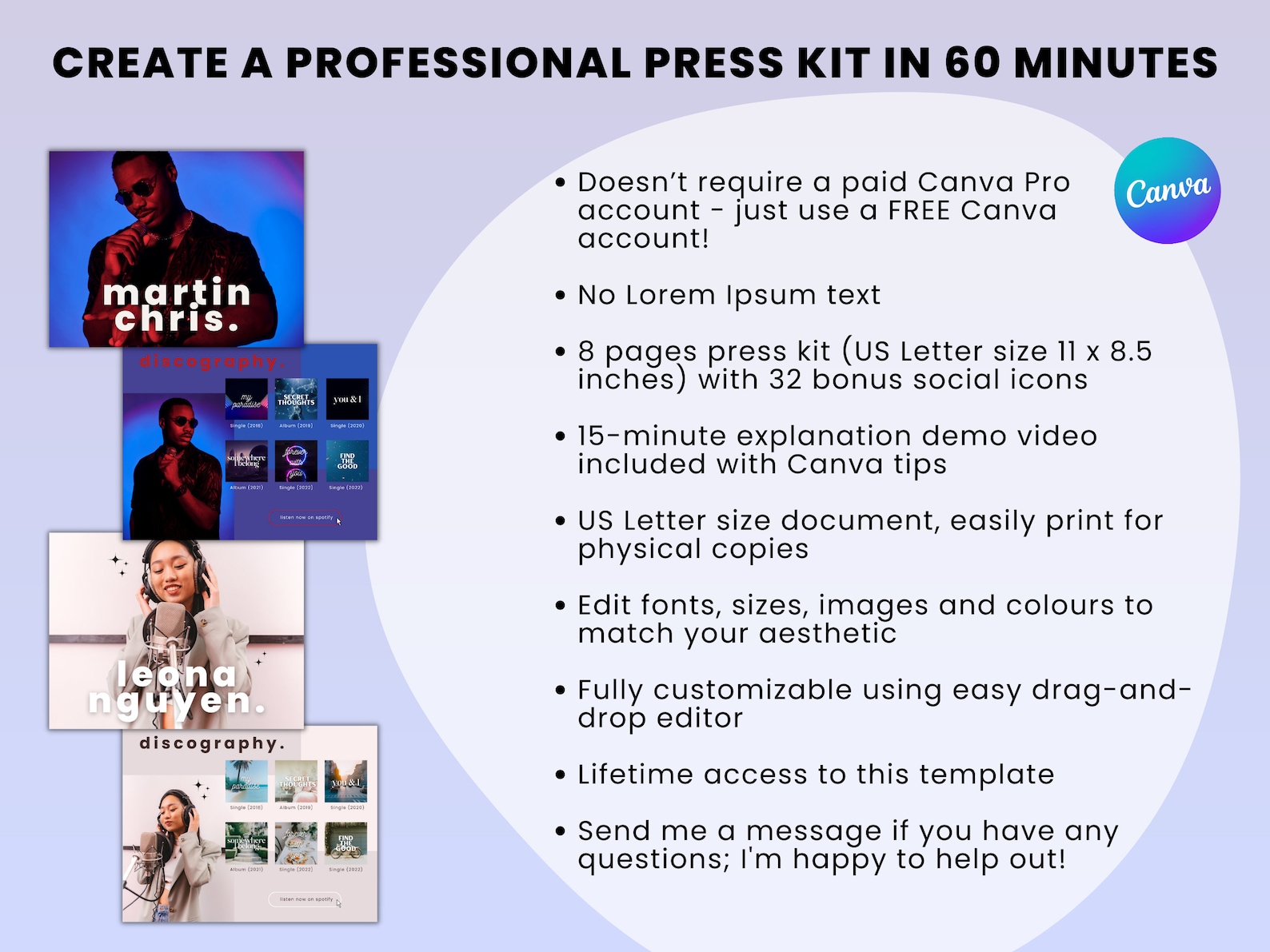 8 Page Music Electronic Press Kit, EPK for Musicians, Artist Media Kit, Singer Press Kit Canva ...